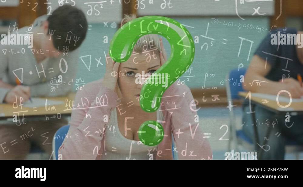 Animation of question mark and mathematical equations over diverse ...