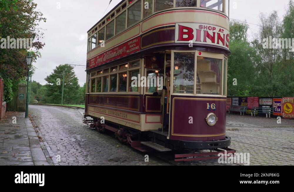 Vintage electrified tram and female conductor at Beamish open air ...