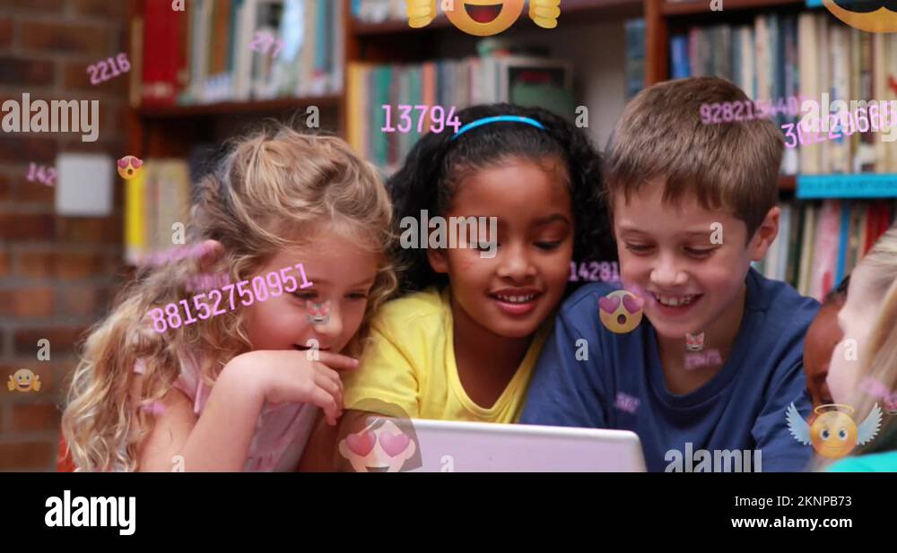 Multiple changing numbers and face emojis floating against students ...