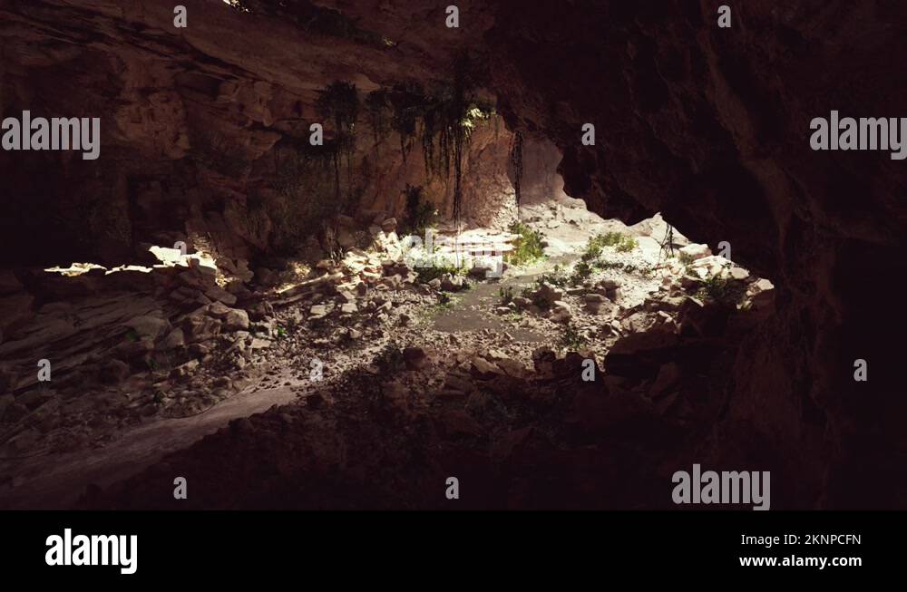 cave in an extinct volcano covered with grass and plants Stock Video ...