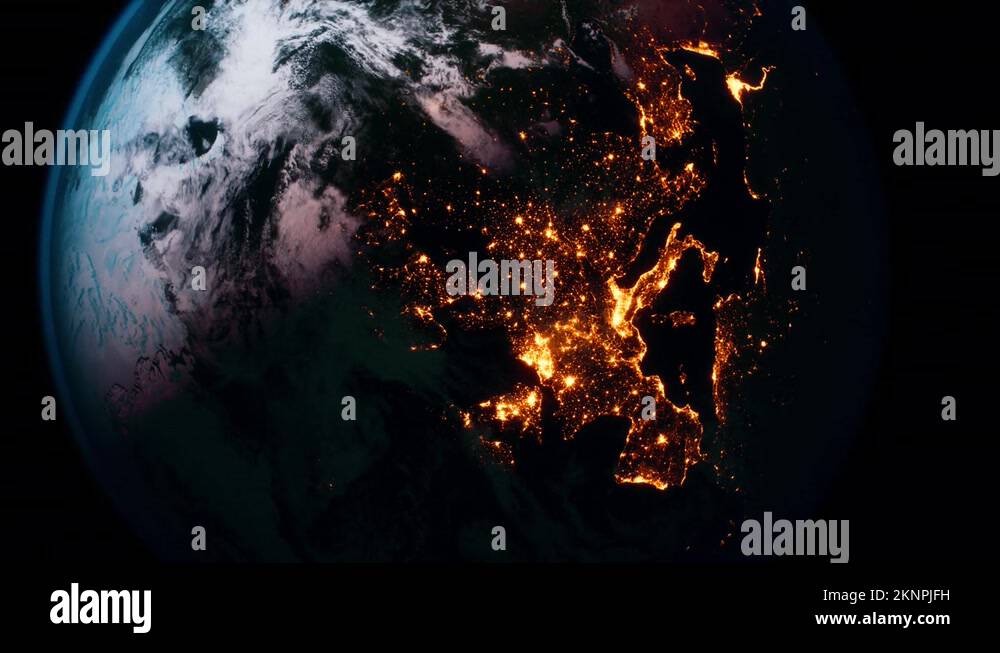 Earth planet viewed from space at night showing the lights of countries ...