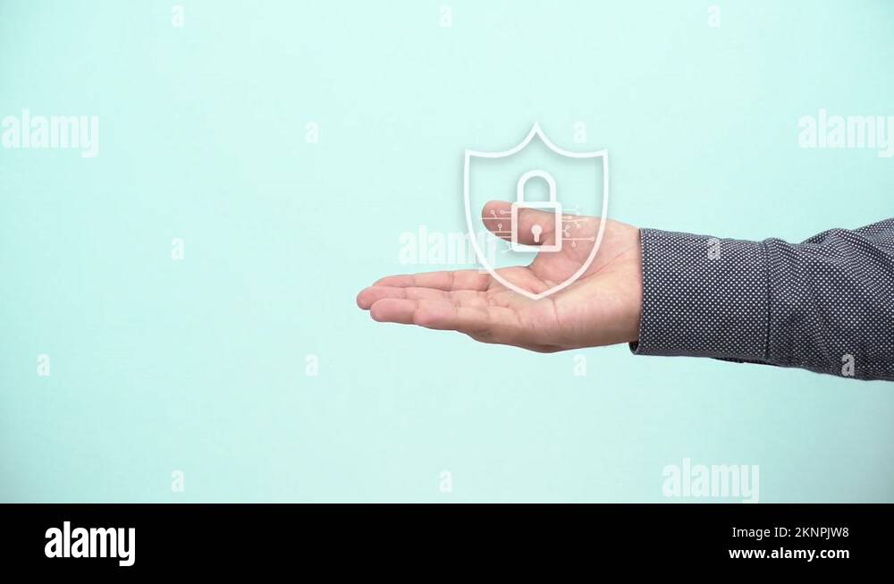 cyber security concept. hand shows virtual shield. protection, virus ...