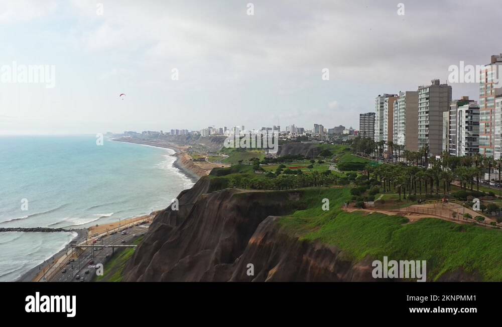 Costa verde ocean cliff park move forward Miraflores, Lima, Peru 4k ...