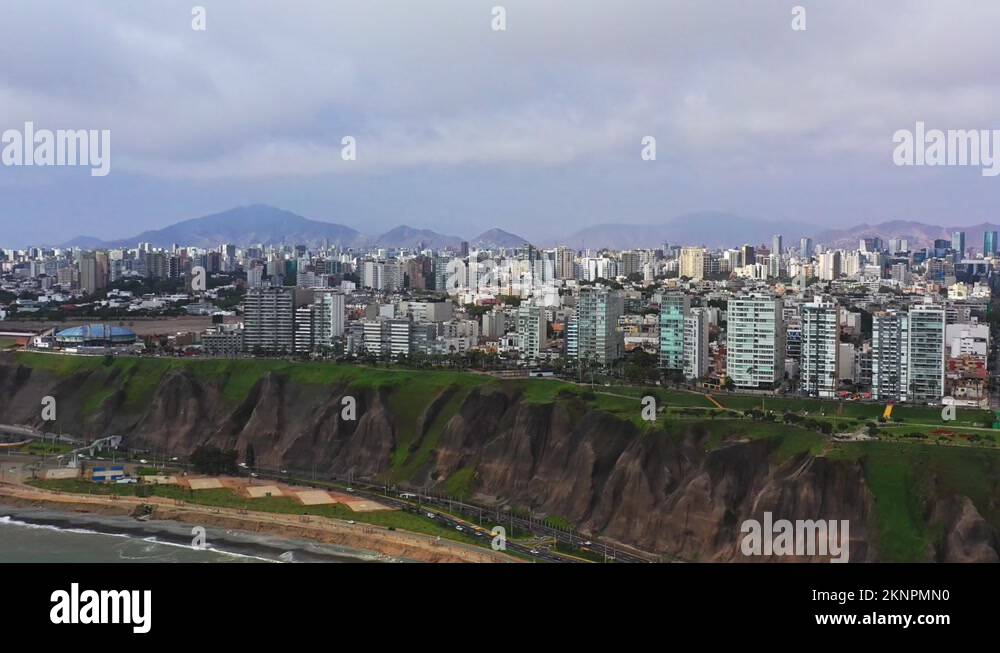 Costa verde ocean cliff cityscape moving forward Miraflores, Lima, Peru ...