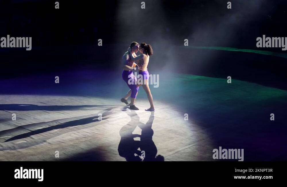 A duo of gymnasts arrange acrobatic performances. Circus artists create ...