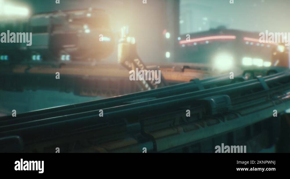 Animation of Cyberpunk train enters the Frame travels on tracks in a ...