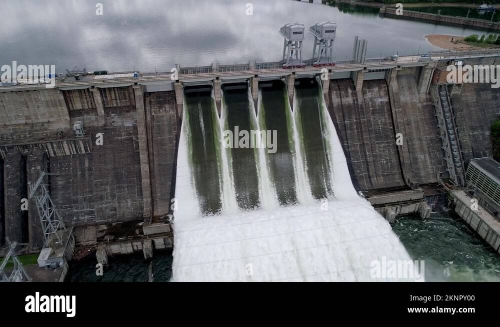 Aerial view of water discharge at hydroelectric power plant of ...
