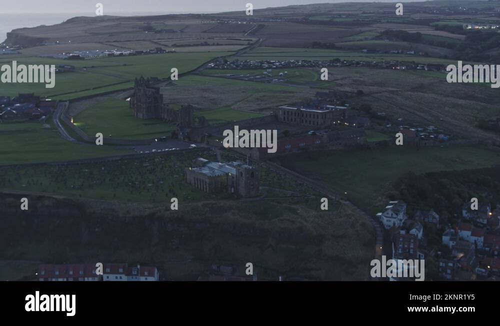 Whitby, North York Moors, drone footage over whitby abbey and headland ...