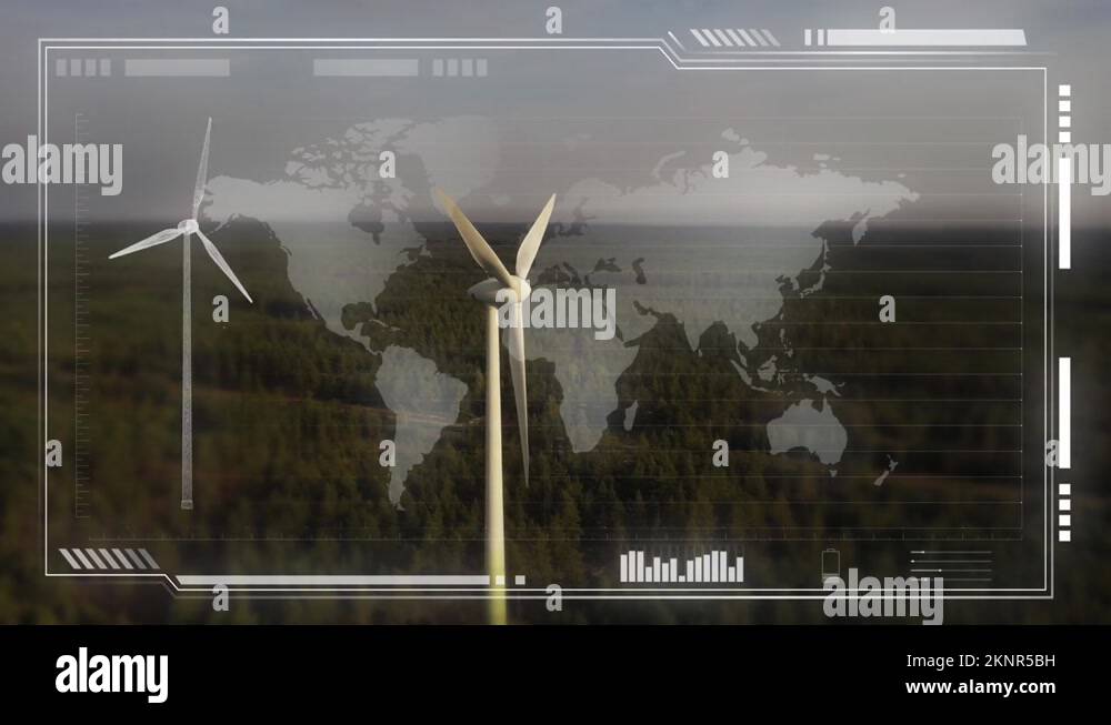 HUD world map with wind generator data, golden hour windmill background ...