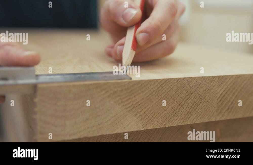 Carpenter drawing line on white oak timber slab with pencil and ruler ...