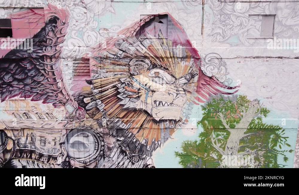 Beautiful wall art of Chimera Mural in Detroit city on industrial Stock ...