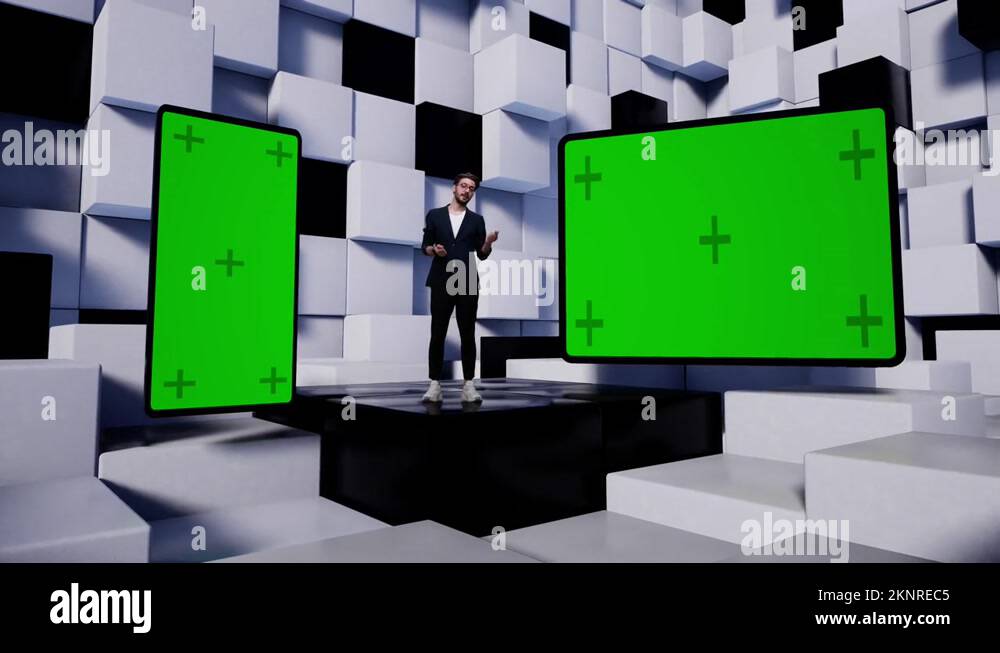 Tv presenter in virtual studio news with white and black cubes Stock ...
