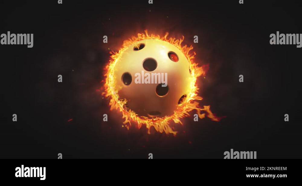 Rotating floorball ball in burning fire flames on dark background Stock ...