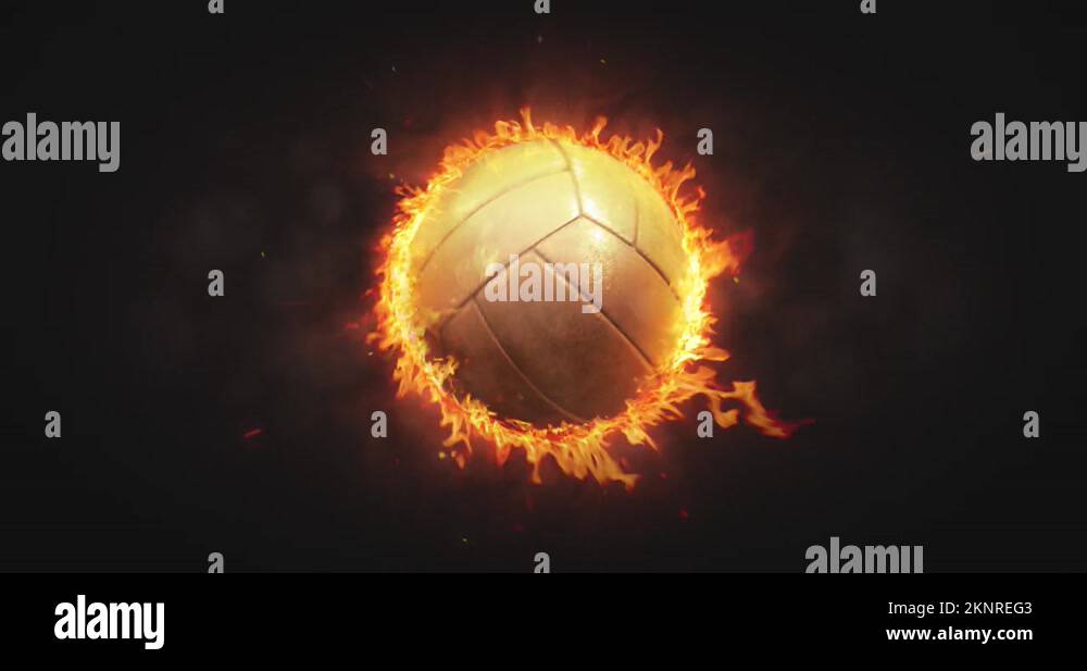 Rotating volleyball ball in burning fire flames on dark background ...