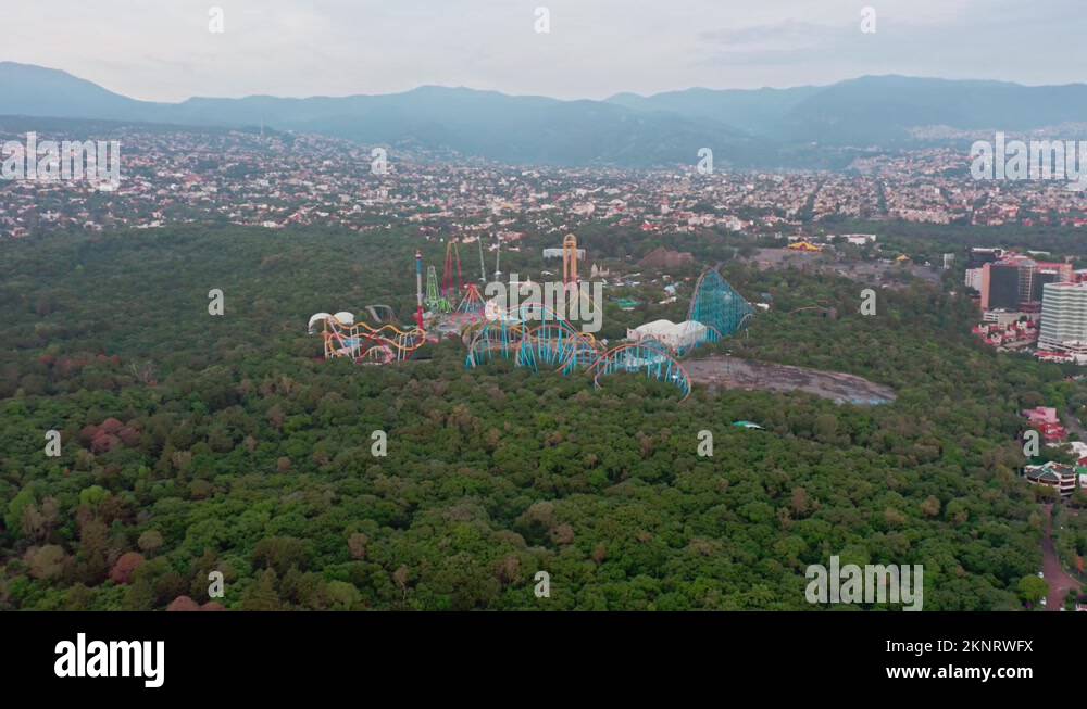 Birds eye view above Six Flags in Mexico city suburbs at day Stock ...