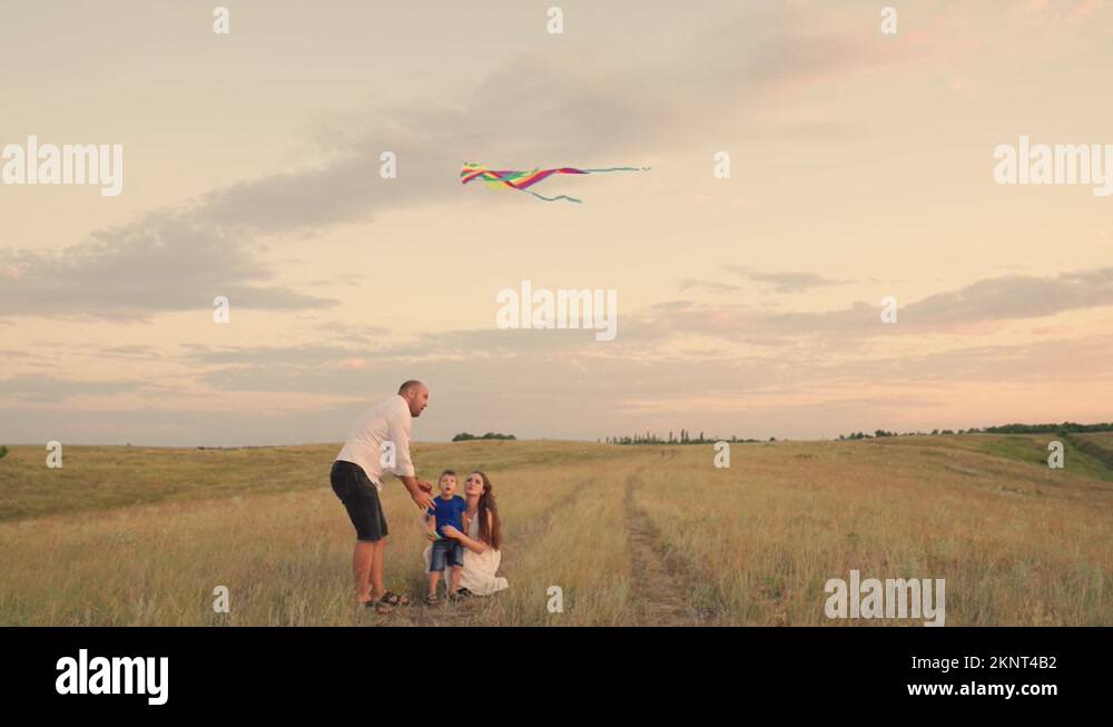 Father, child son, mother play together in the park in summer, flying a ...