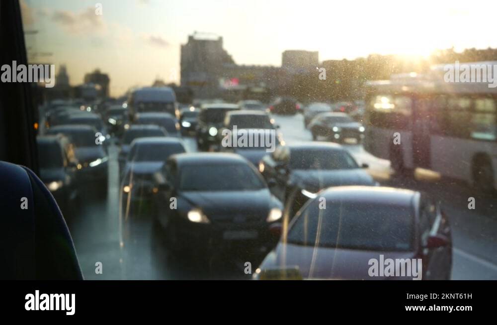 Traffic jam from cars on road, rush hour, busy overloaded Moscow city ...