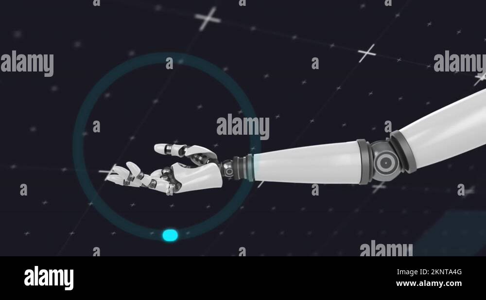 Animation of blue circle and robotic arm on black background Stock ...