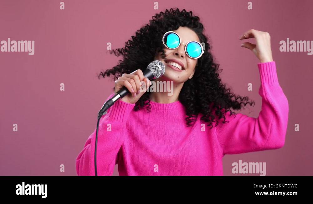 Funky lady sing song performance dance show isolated pastel color ...