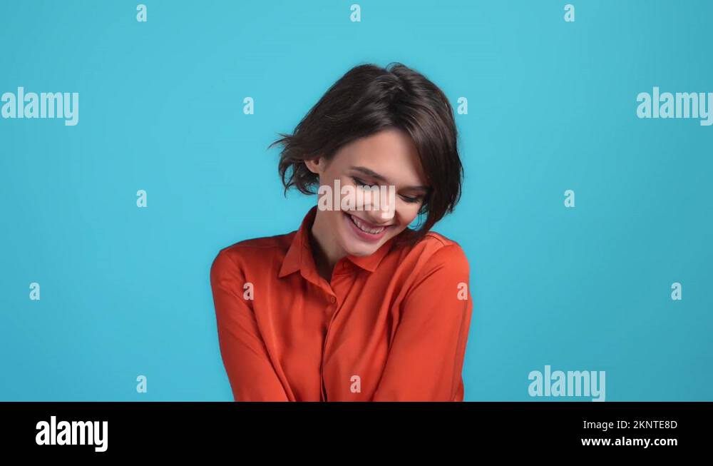 Lady feel shy compliment ask boss promotion isolated blue color ...