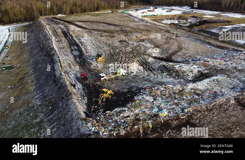 Aerial flyover landfill full of trash, pollution environmental problem ...