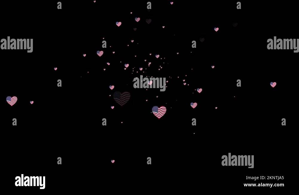 animated heart shaped USA flag down in small size on black background ...