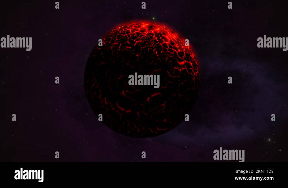 CGI alien fire planet in front of deep purple nebula, space, wide view ...