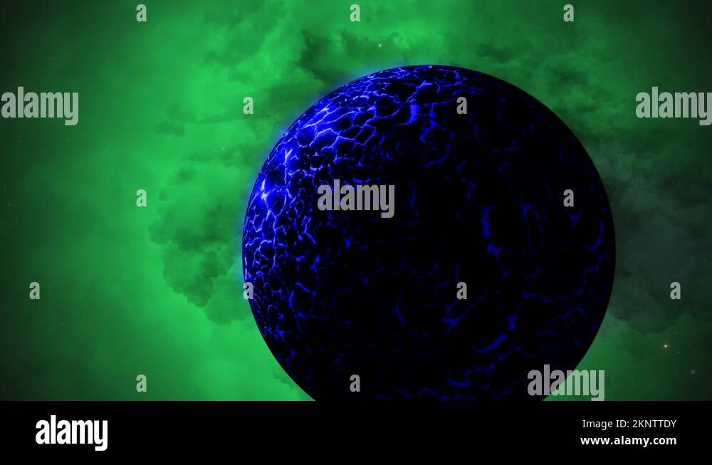 CGI Zoom in by blue alien planet in front of green nebula, space, wide ...