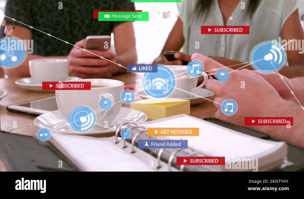 Animation of social media icons and network of connections over diverse ...