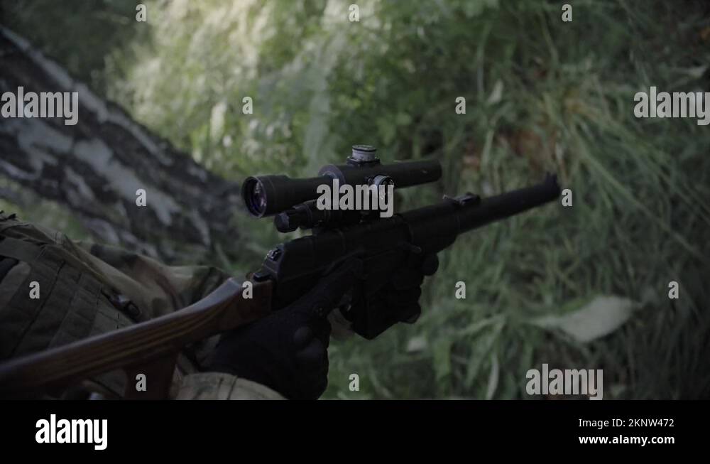 Soldiers with machine guns in their hands with sniper scope in dense ...