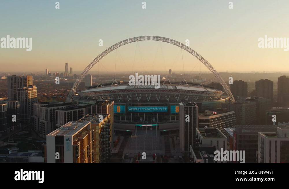 Wembley stadium entrance with skyline in background, London. Aerial ...