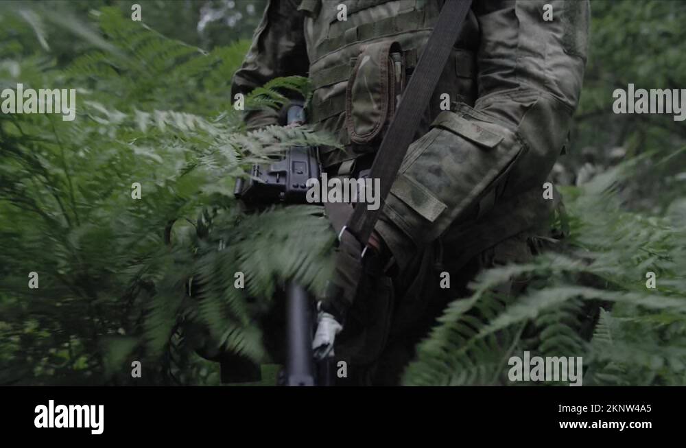An armed soldier with machine gun in his hands in dense forest Stock ...