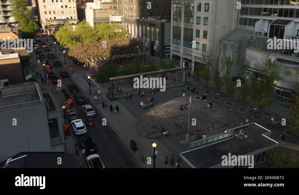 An aerial view on a two-lane road filled with cars on one of Yorkville ...