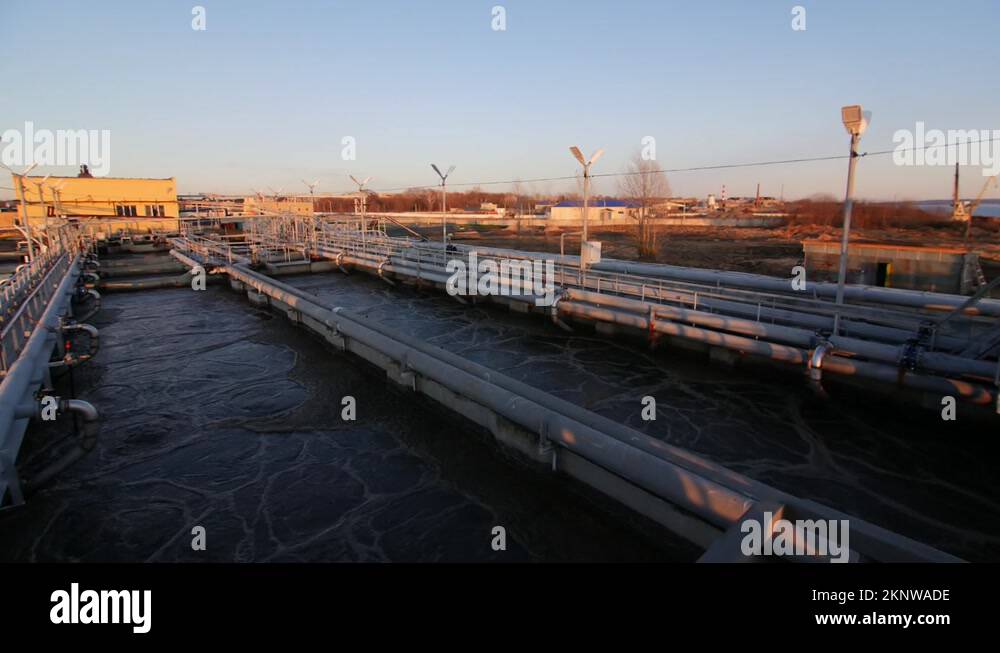 Waste water aeration in large basins at filtration station Stock Video ...