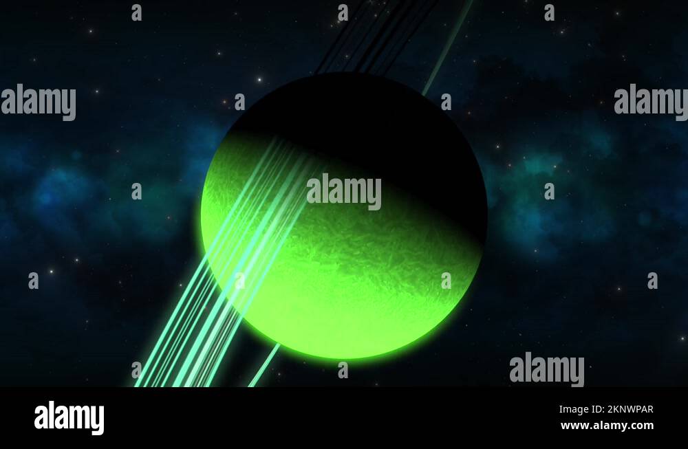 CGI zoom in towards green sideways saturn-like alien planet with green ...