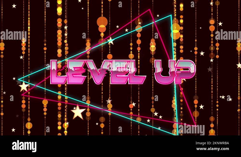 Animation of level up text over yellow trails and spots on black ...