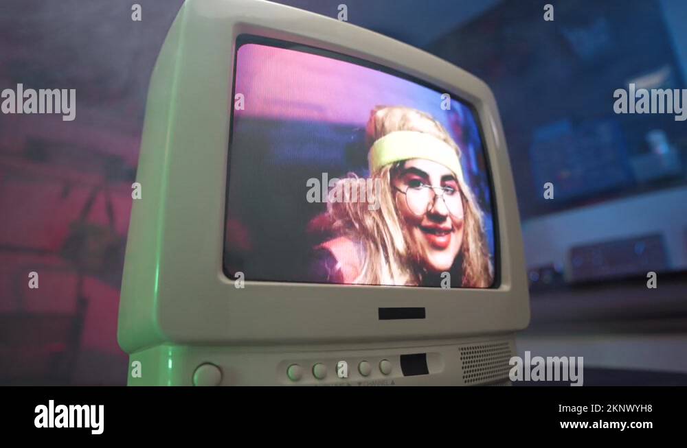 Girl Aerobic Dance on Old Vintage Retro TV Screen from 80s 90s Closeup ...