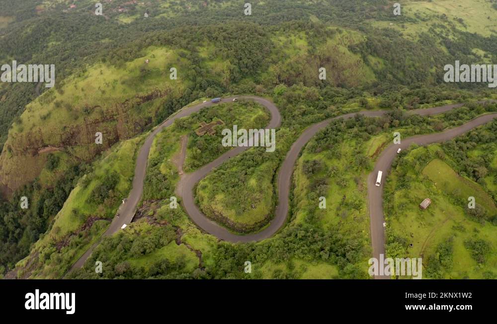 Idyllic Mountain Pass Of Tamhini Ghat In India - aerial top down Stock ...