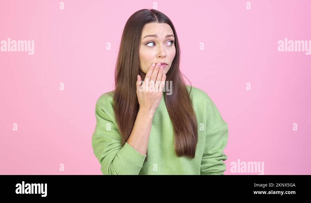 Upset lady talk secret cover close hand mouth isolated pastel color ...