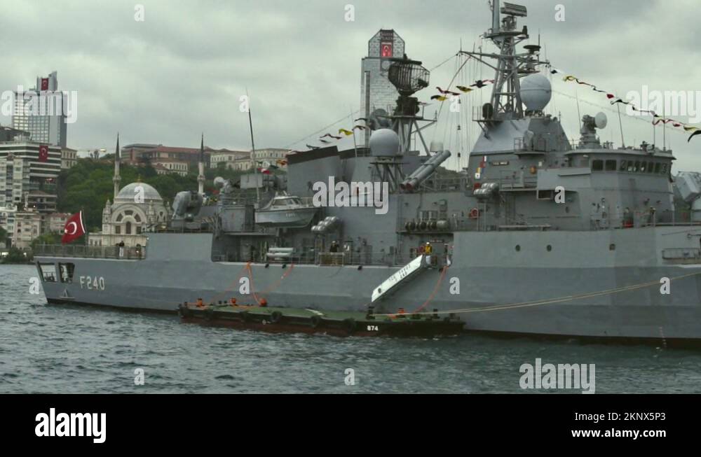 Warship. A large Turkish warship anchored in the Bosphorus Stock Video ...