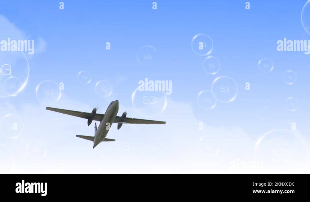 Multiple 5g text bubbles floating against airplane flying in the blue ...