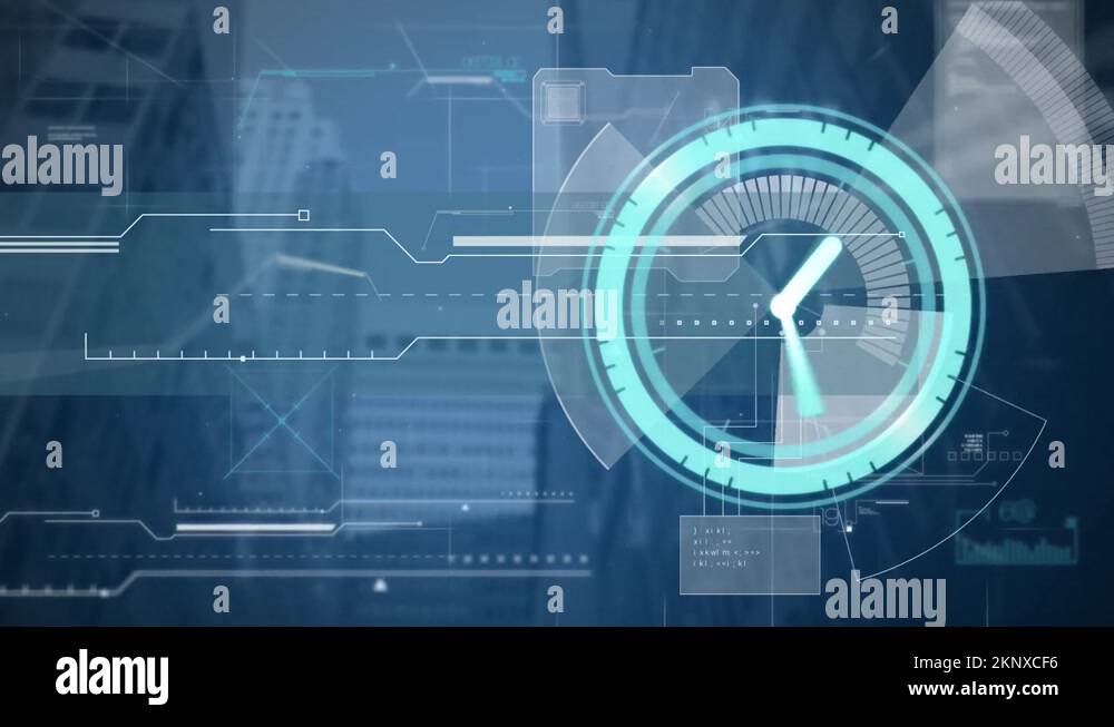 Neon green digital clock ticking and digital interface with data ...