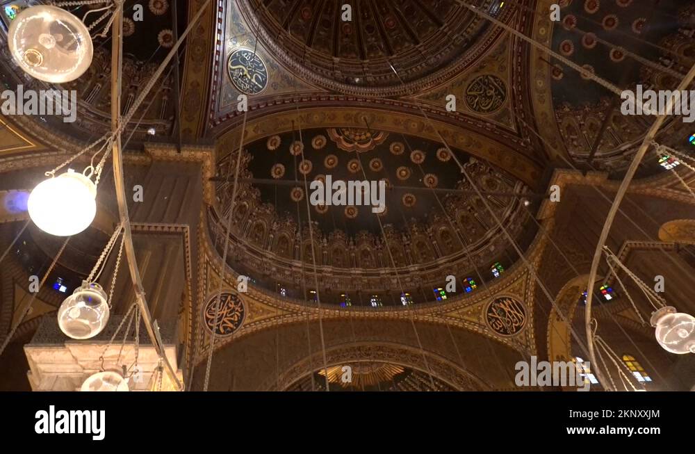 Mosque of Muhammad Ali interior illuminated chandelier ceiling with ...