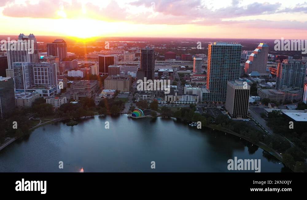 Cinematic 4K aerial video of downtown Orlando skyline at golden hour ...