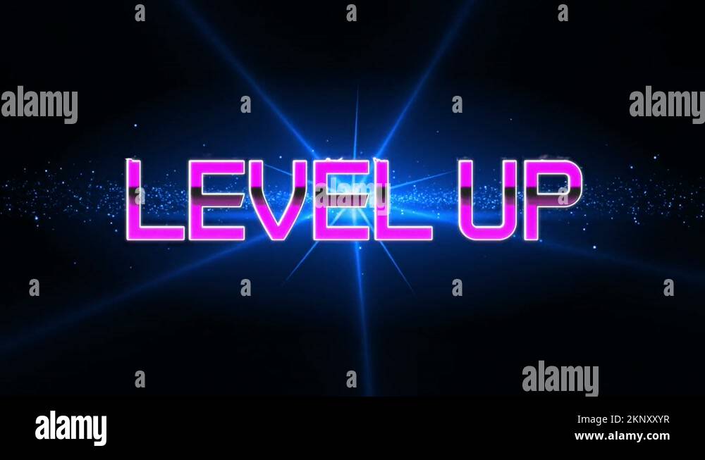 Animation of level up text over light spots on black background Stock ...
