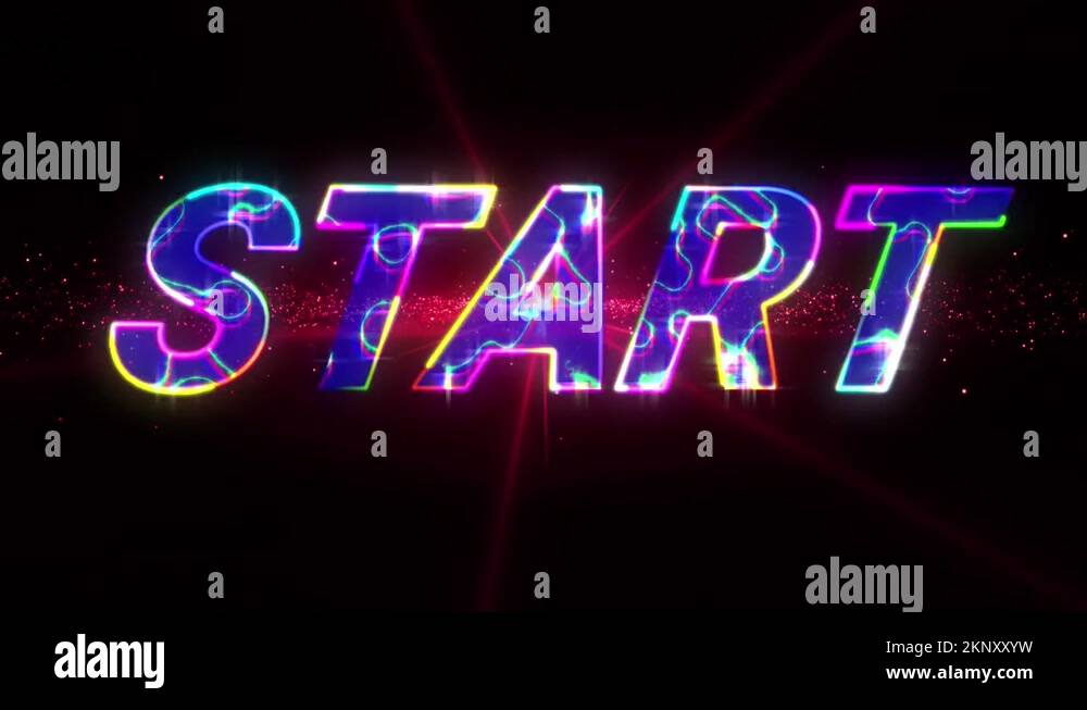 Animation of start text over light trails and spots on black background ...