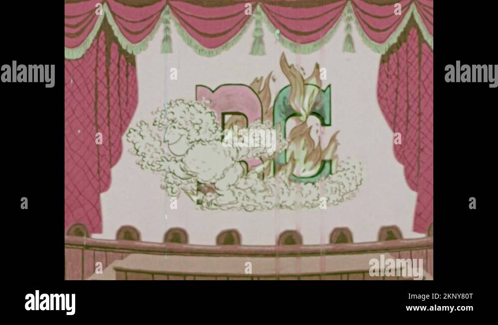 1970s: Cartoon powder man smothers flaming letters. Cartoon freon baby ...