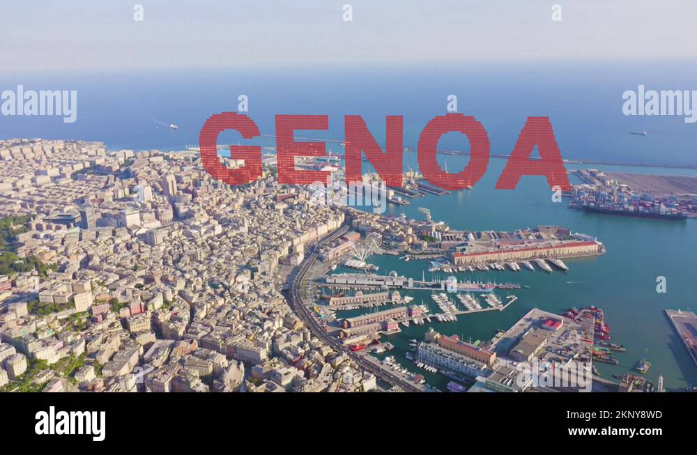 Inscription on video. Genoa, Italy. Central part of the city, aerial ...