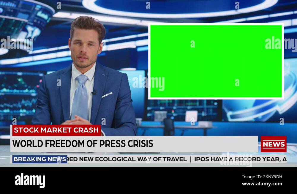 TV News Channel male Presenter Talk Green Screen Stock Video Footage ...