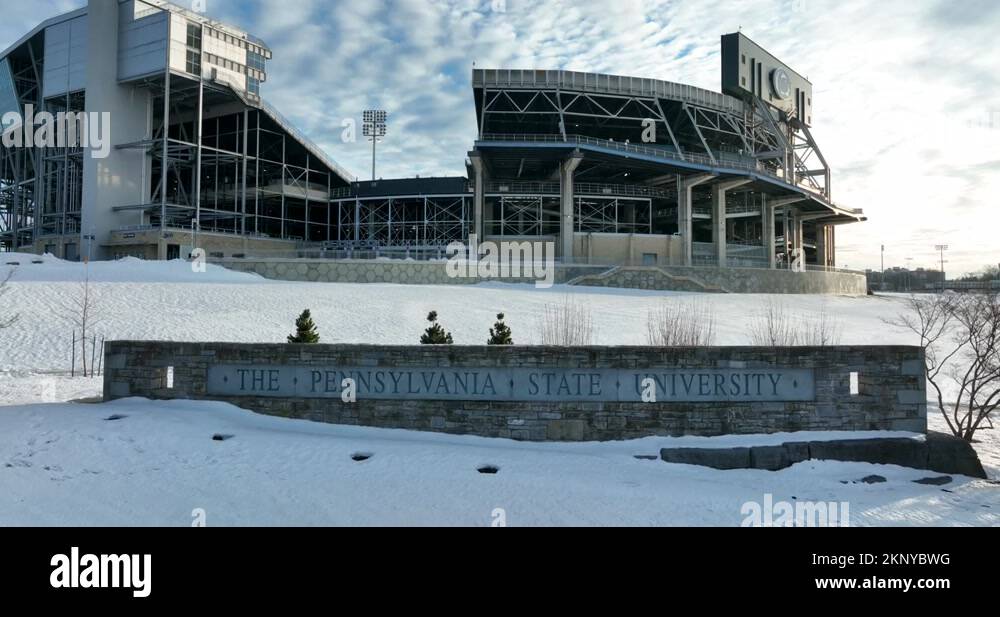 Penn State University campus welcome sign. Rising aerial at Beaver ...